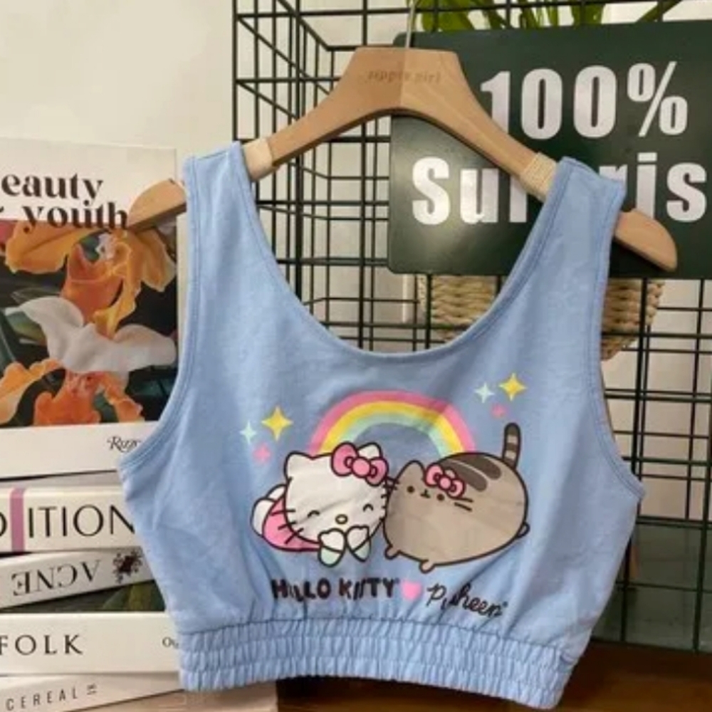 New! Hello Kitty & Pusheen Cat Crop Top Tank Top - Gem